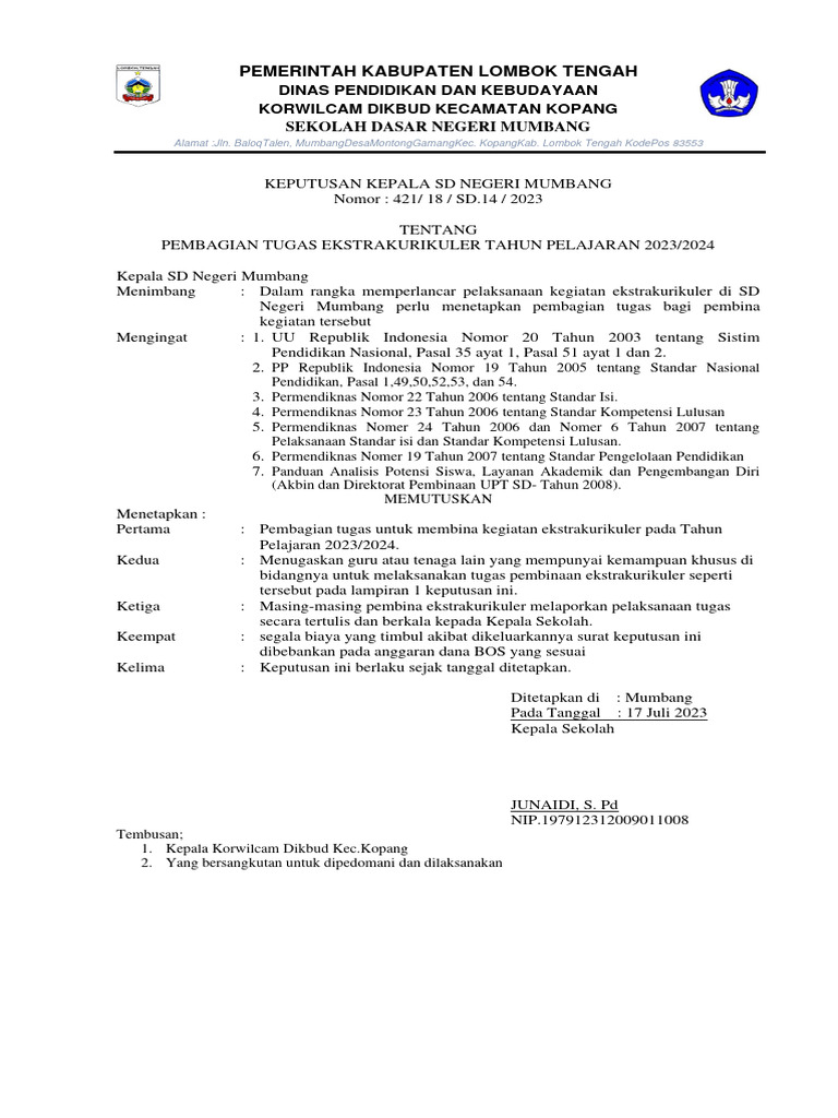 SK Pembina Ekstrakurikuler | PDF