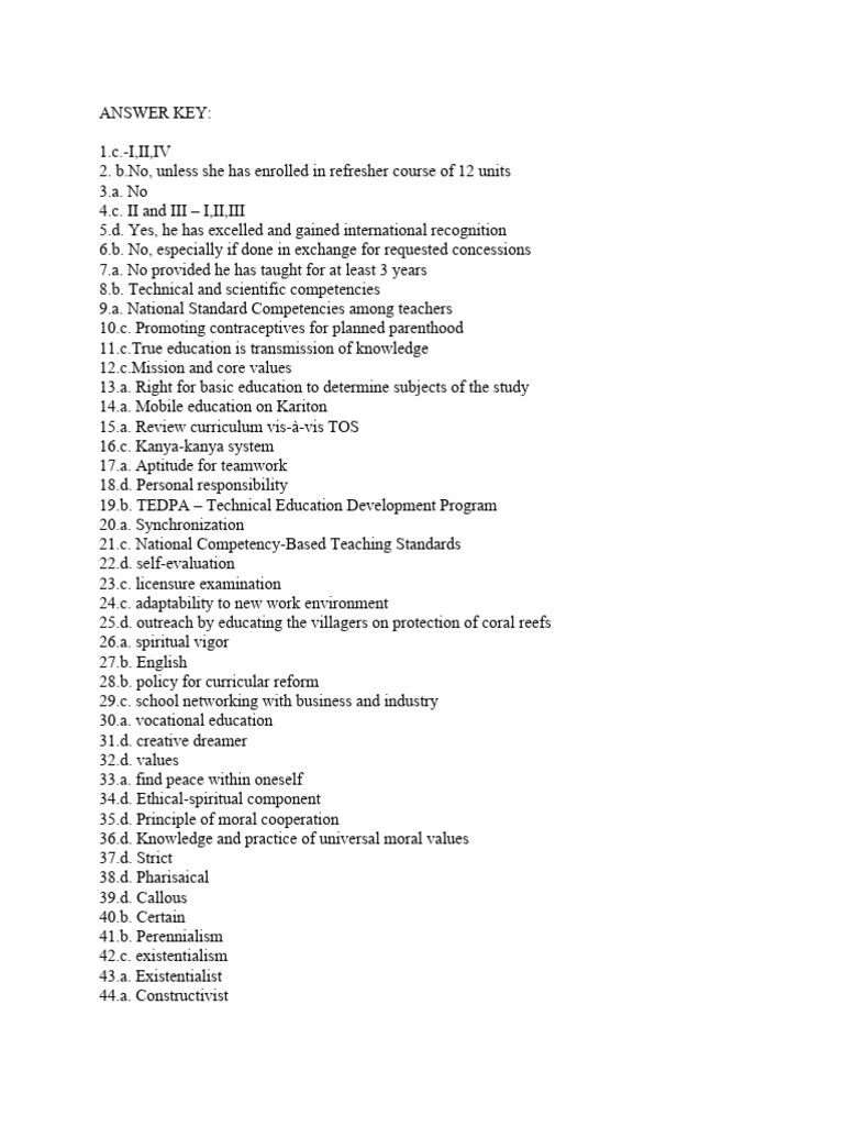 Pre Board Examination Professional Education Answer Key Pdf