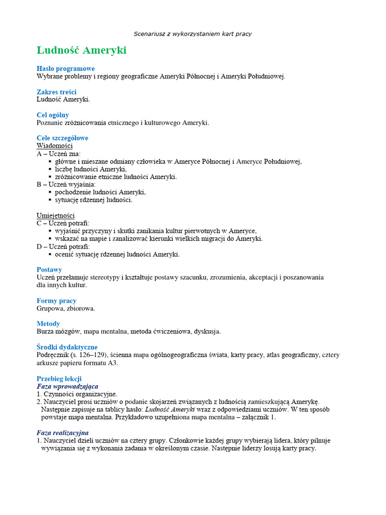 Scenariusz Lekcji Ludnosc Ameryki | PDF
