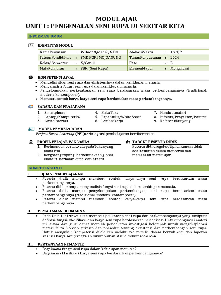 Modul Ajar Seni Rupa Kelas 10 Fase E Unit 1 | PDF