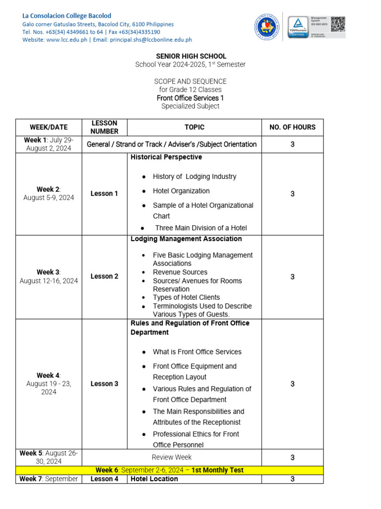 Scope Sequence FOS1 1st Semester SY 24 25 | PDF