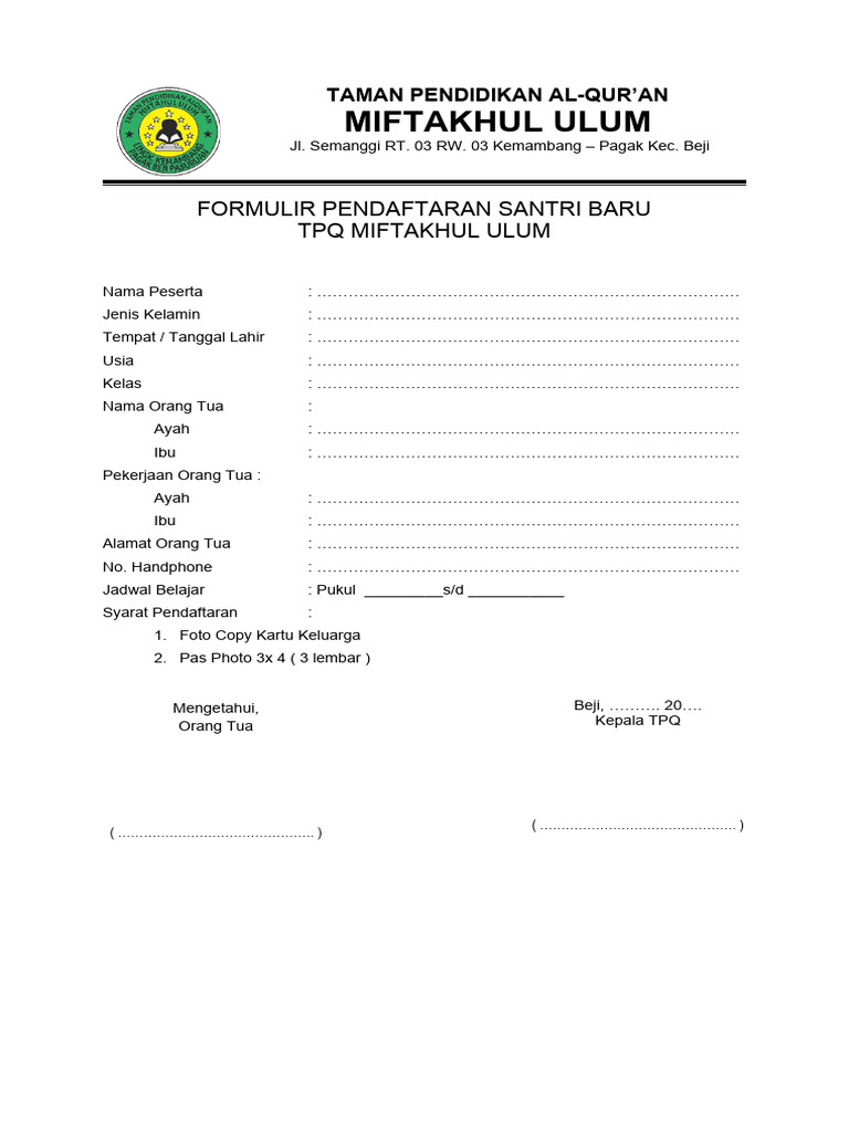 FORMULIR-PENDAFTRAN-TPQ | PDF