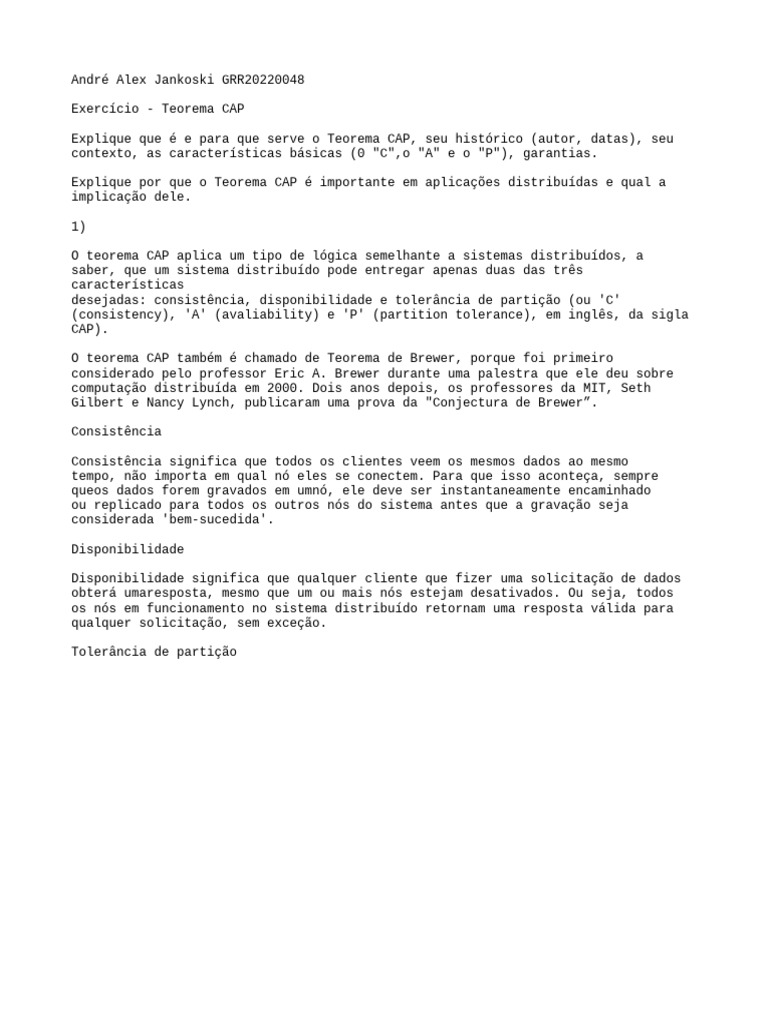 Exercício - Teorema CAP | PDF | Sistema de processamento distribuído ...