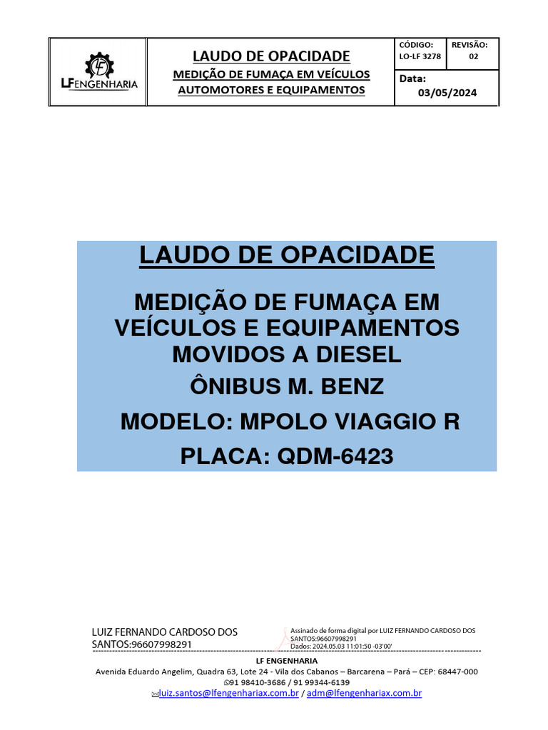 Laudo de Opacidade Ônibus QDM-6423 | PDF | Diesel | Motores