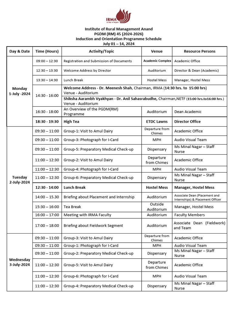 Induction Schedule PGDM (RM) - 45 | PDF