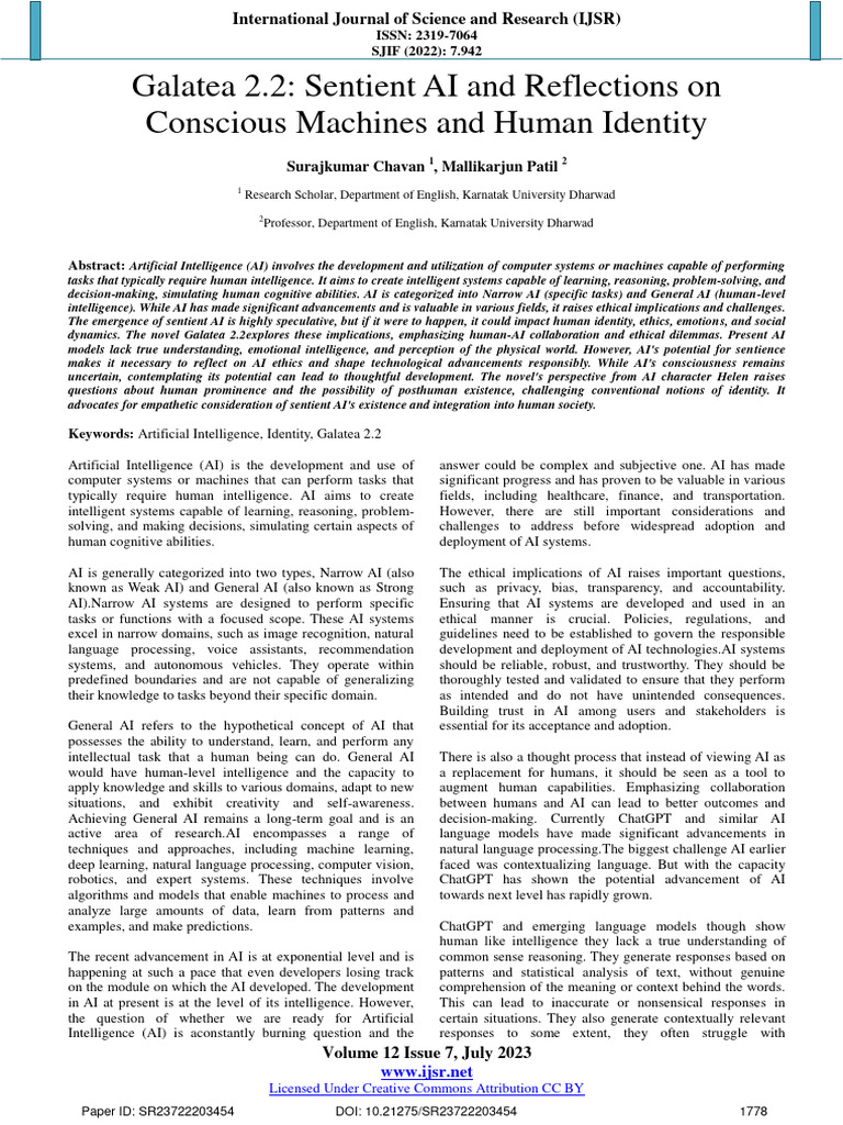 Galatea 2.2: Sentient AI and Reflections On Conscious Machines and Human Identity | PDF ...