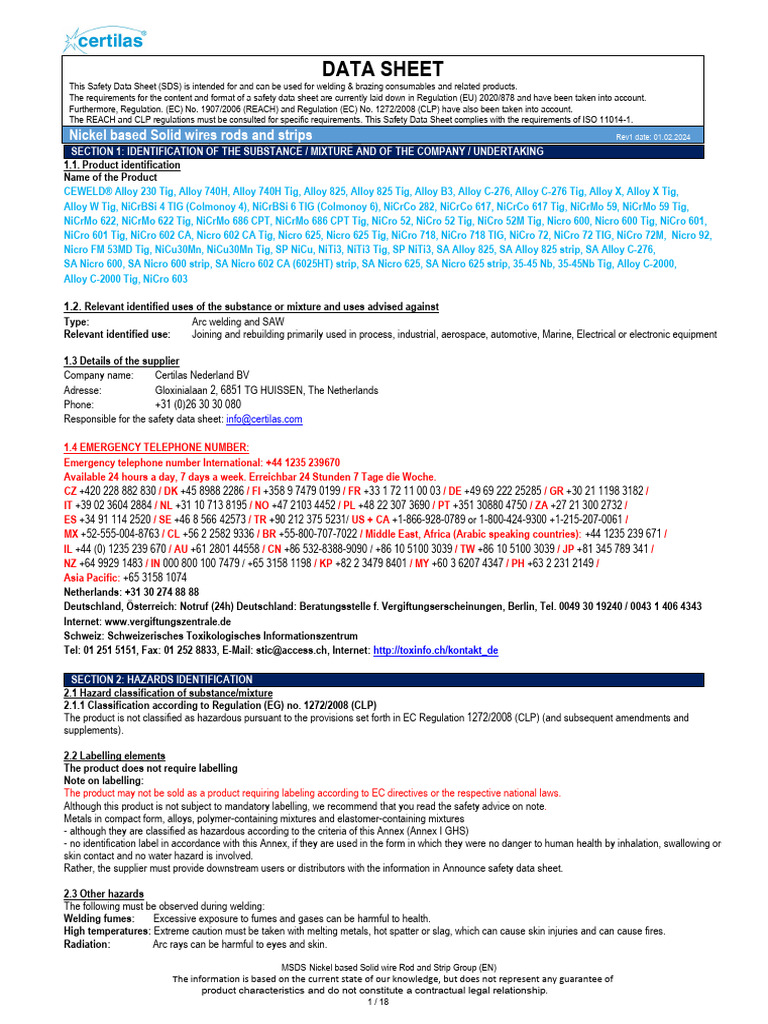 Certilas - Nickel Solid Wire Rod Strip MSDS - Rev2 - 23 (EN) | PDF ...