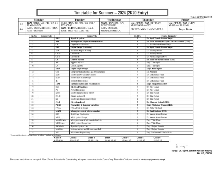 Time Table ENCD Summer 2024 V3 | PDF | Electronics | Electrical Engineering