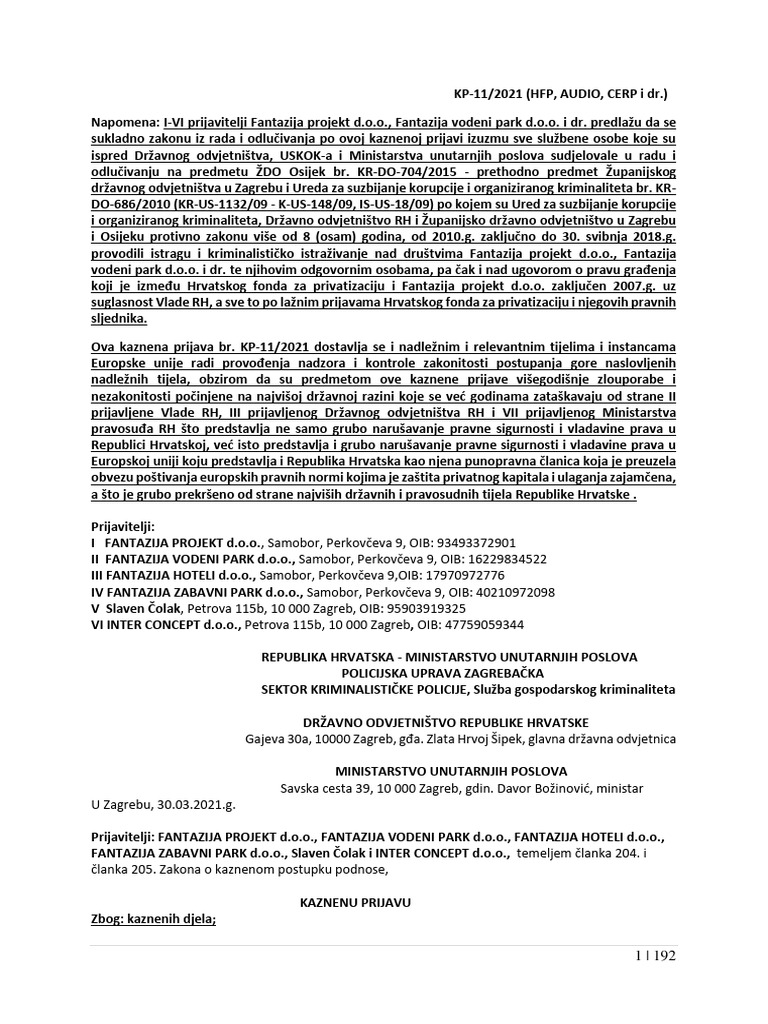 Kaznena Prijava Fantazija Grupe Protiv Protiv HFP-a, AUDIO, CERP-a I Dr. / KP-11/2021 | PDF