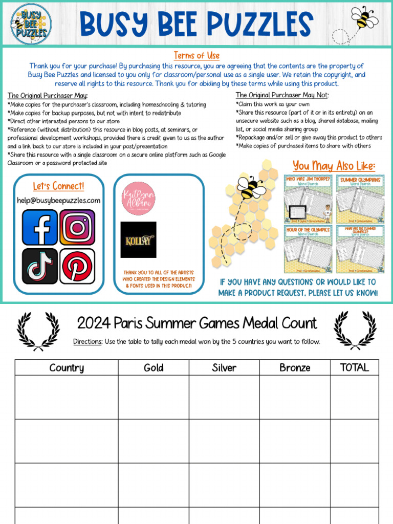 FREEParis2024SummerOlympicsMedalTrackingChartActivityListofCountries 1 ...