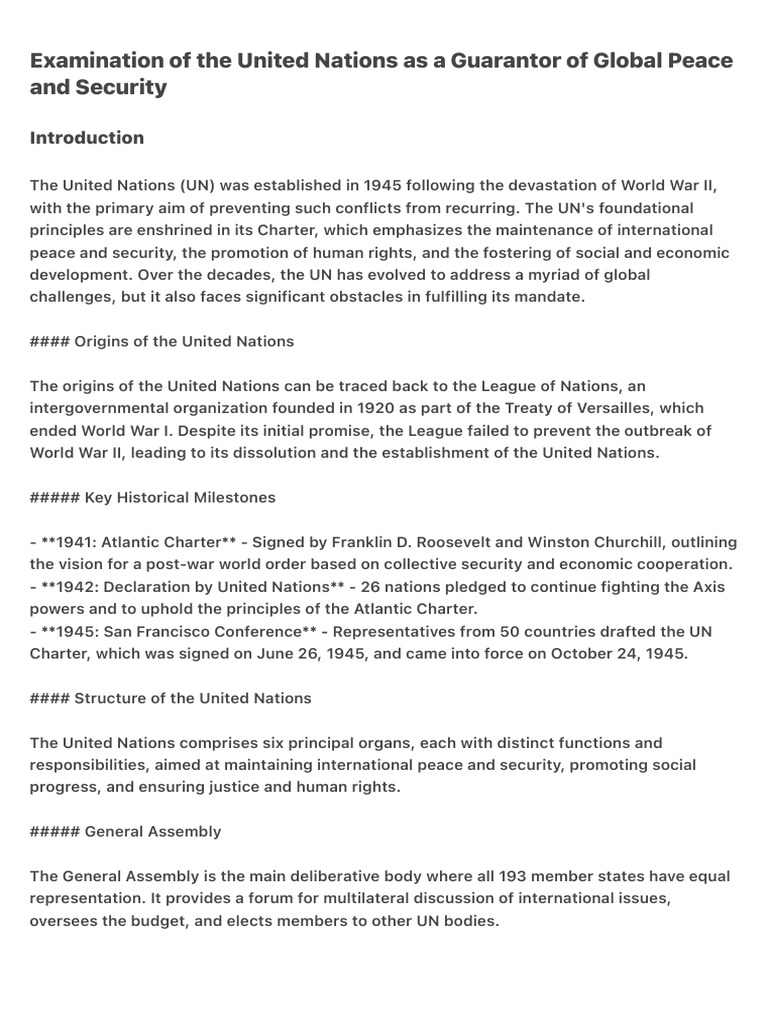 Examination of the United Nations as a Guarantor of Global Peace and ...