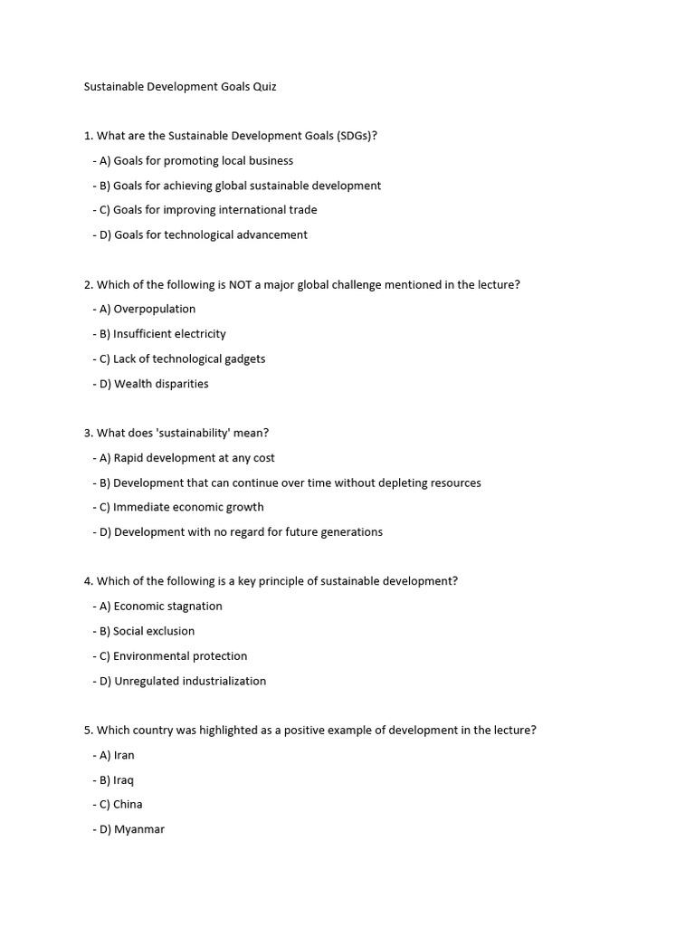 Sustainable Development Goals Quiz | PDF