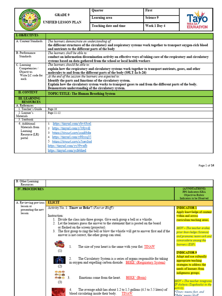 COT lesson plan Science 9 | PDF | Blood | Blood Vessel