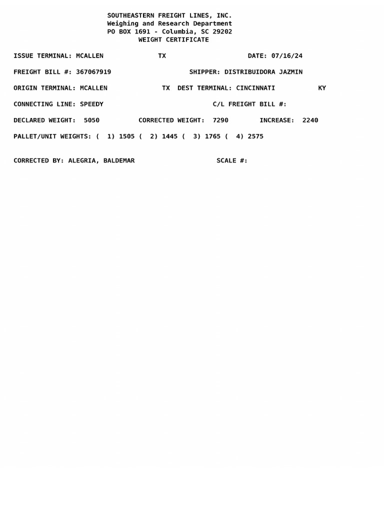 Reweigh 7152439/ Example of A Scale Ticket On A LTL Service | PDF
