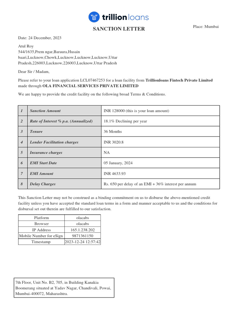 Loan Sanction Letter - Trillionloans | PDF | Legal Remedy | Arbitration