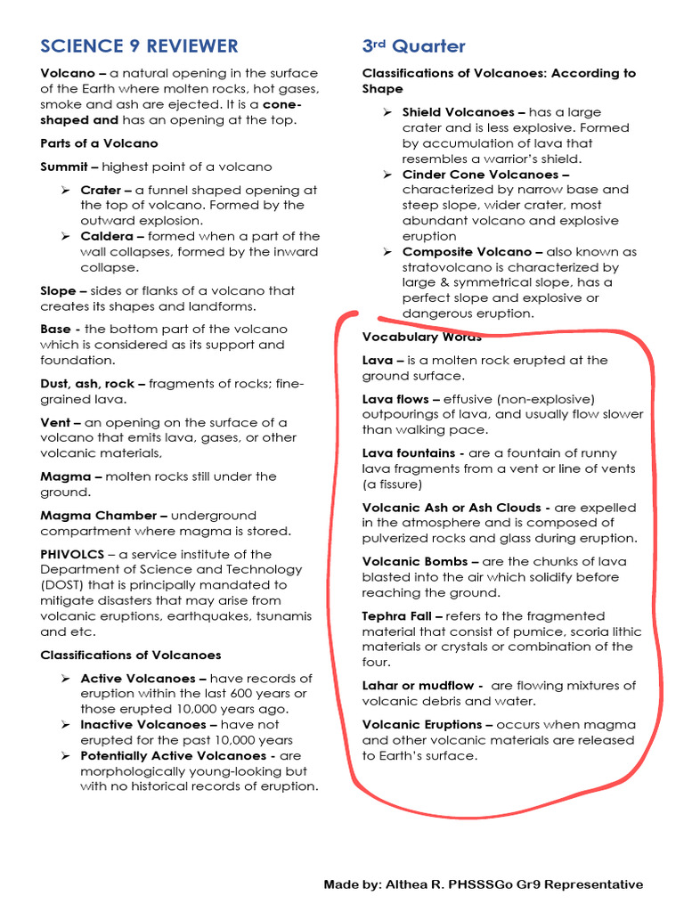 Science 9 - 3rd Quarter Reviewer | PDF | Types Of Volcanic Eruptions ...