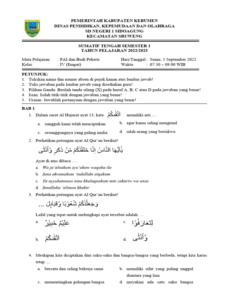 Soal STS Kelas 4 Sem 1 2022-2023 FIX | PDF