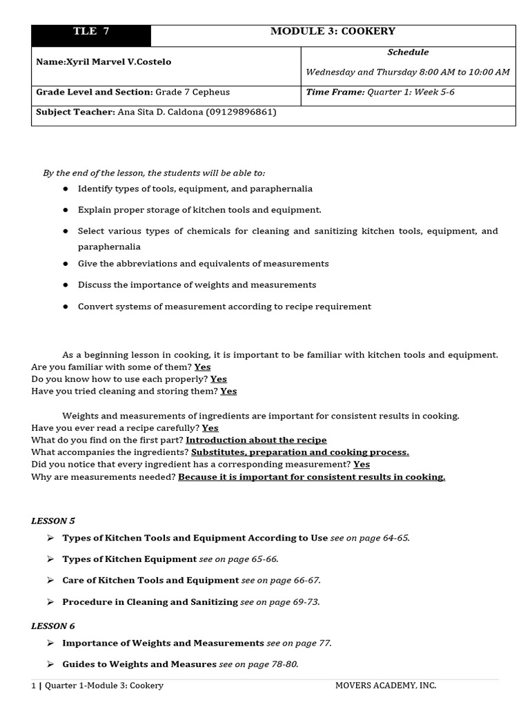 TLE-7 Module-3 WEEK 5-6 | PDF | Teaspoon | Kitchen