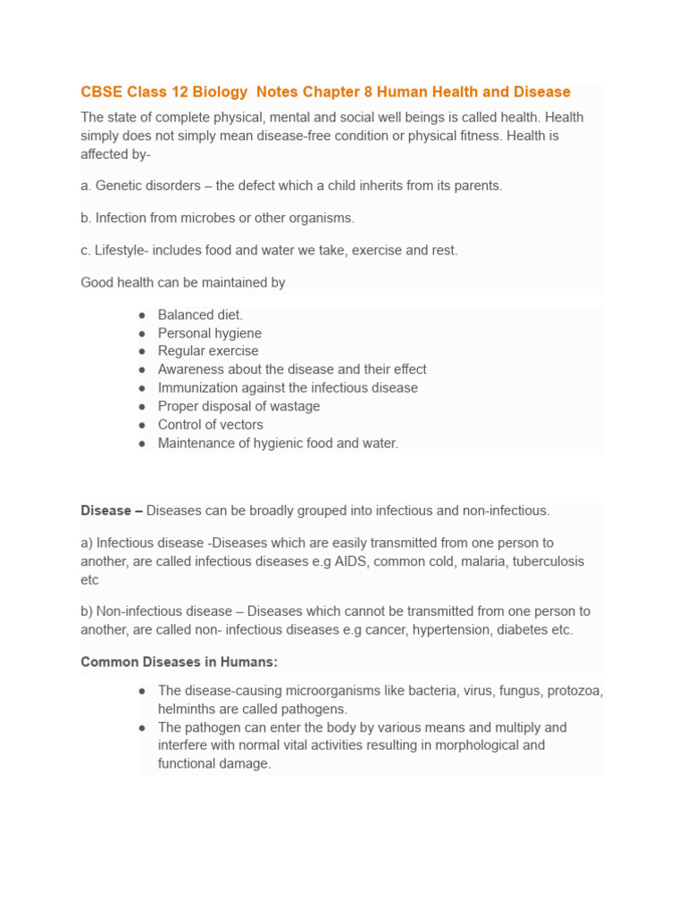 Notes Chapter 8 Human Health and Disease | PDF | Immune System | Lymphocyte