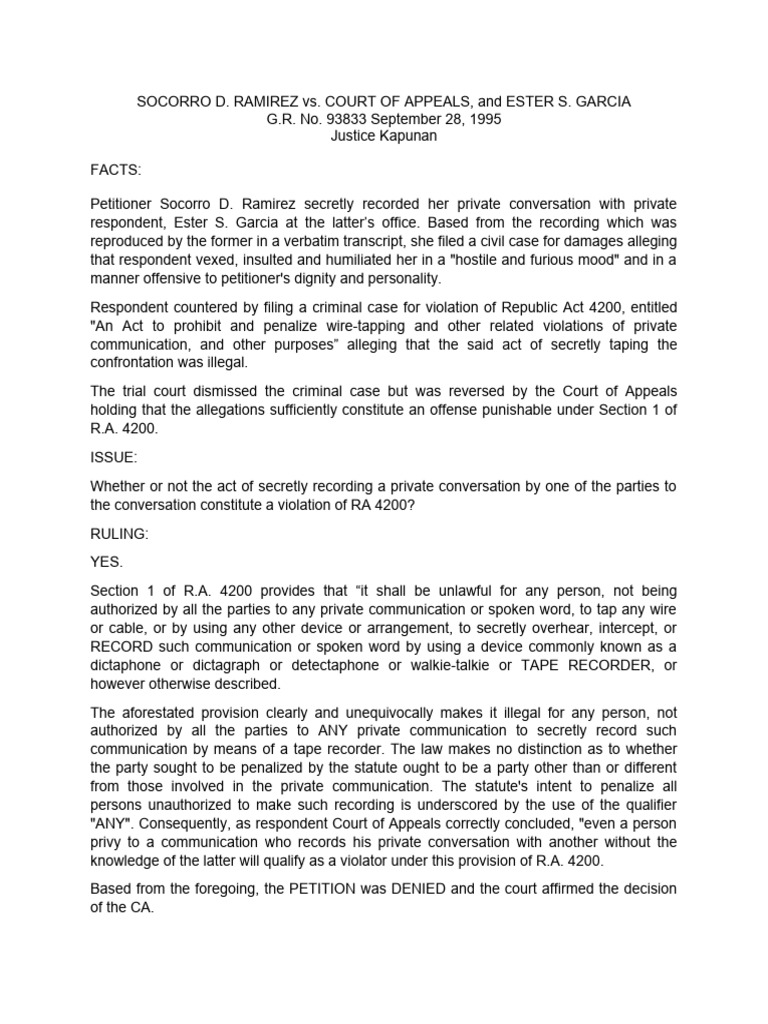 Ramirez v. CA: Secret Recording Ruling | PDF | Justice | Crime & Violence