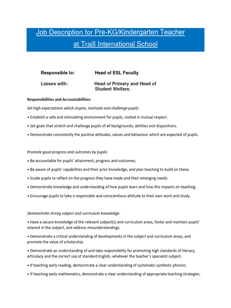 Pre-KG/Kindergarten Teacher Job Description | PDF | Educational ...