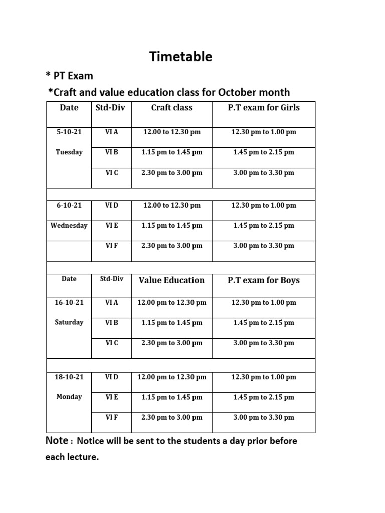STD VI TimeTable (PT, VE, Craft) | PDF