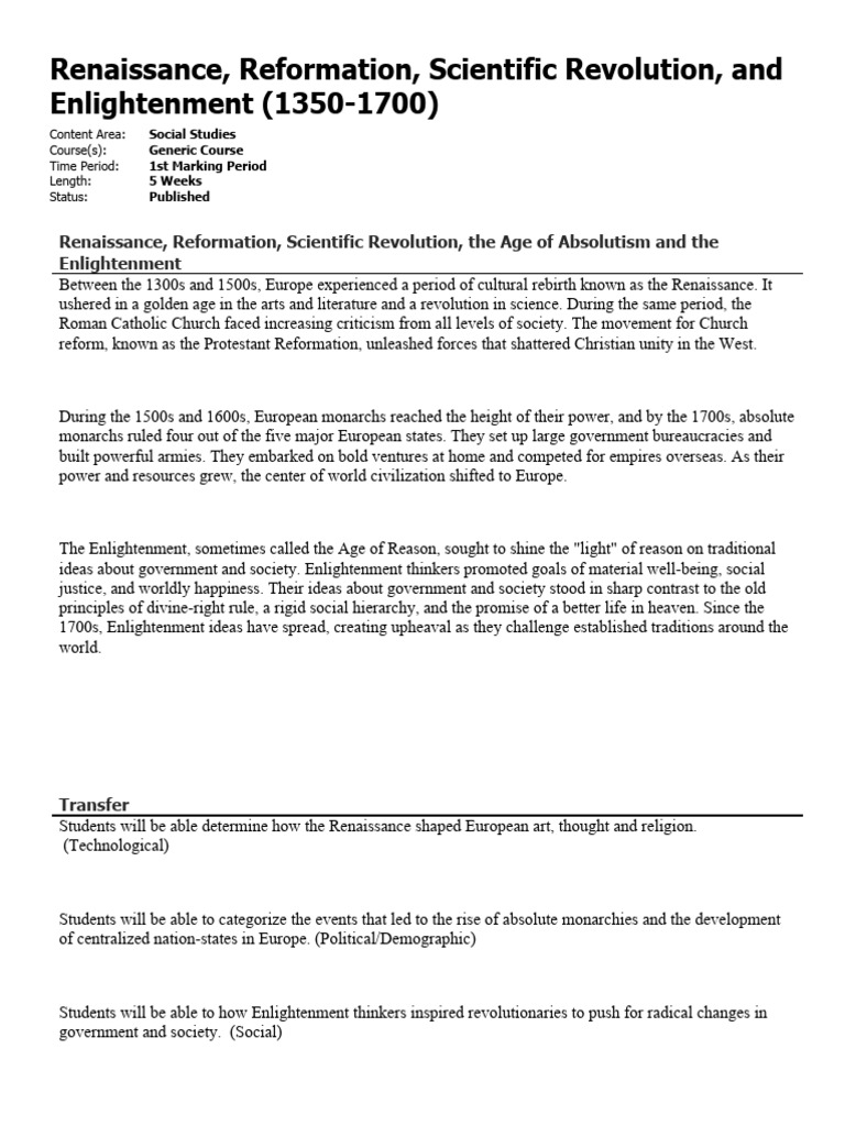 Unit - Renaissance, Reformation, Scientific Revolution, and ...