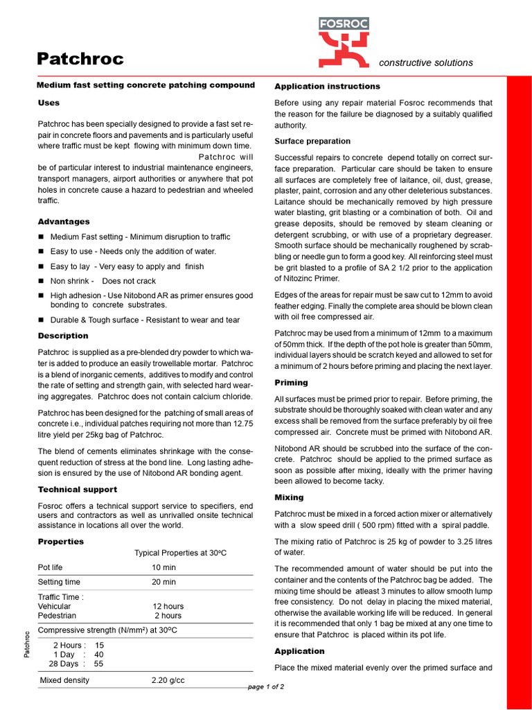 TDS Patchroc India4 | PDF | Concrete | Cement