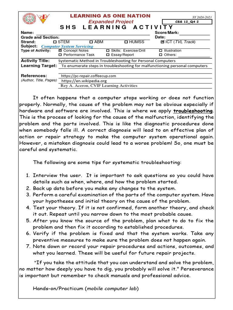 Chkd ICT CSS 12 Q4 LAS 2 Systematic Method in Troubleshooting | PDF ... Chkd ICT CSS 12 Q4 LAS 2 Systematic Method in Troubleshooting | PDF ...