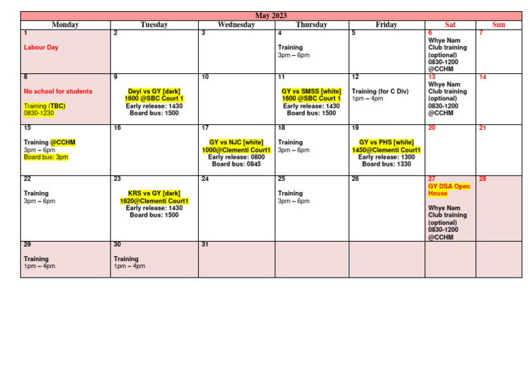 2023 May Training Schedule (girls) | PDF