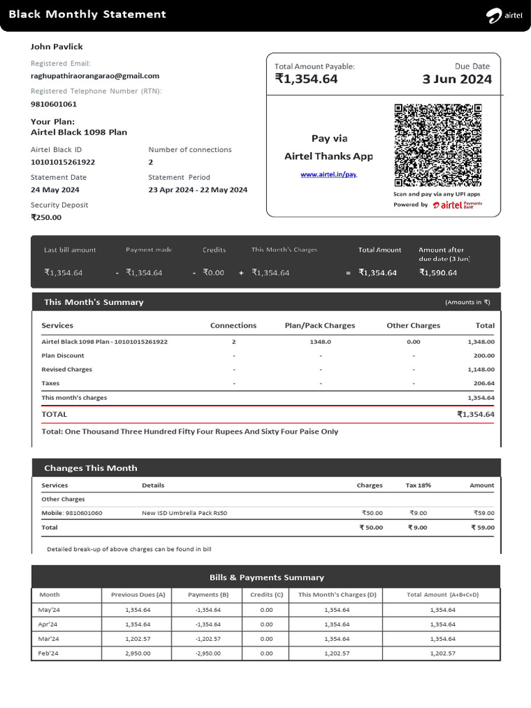airtel bill | PDF | Cheque | Credit Card