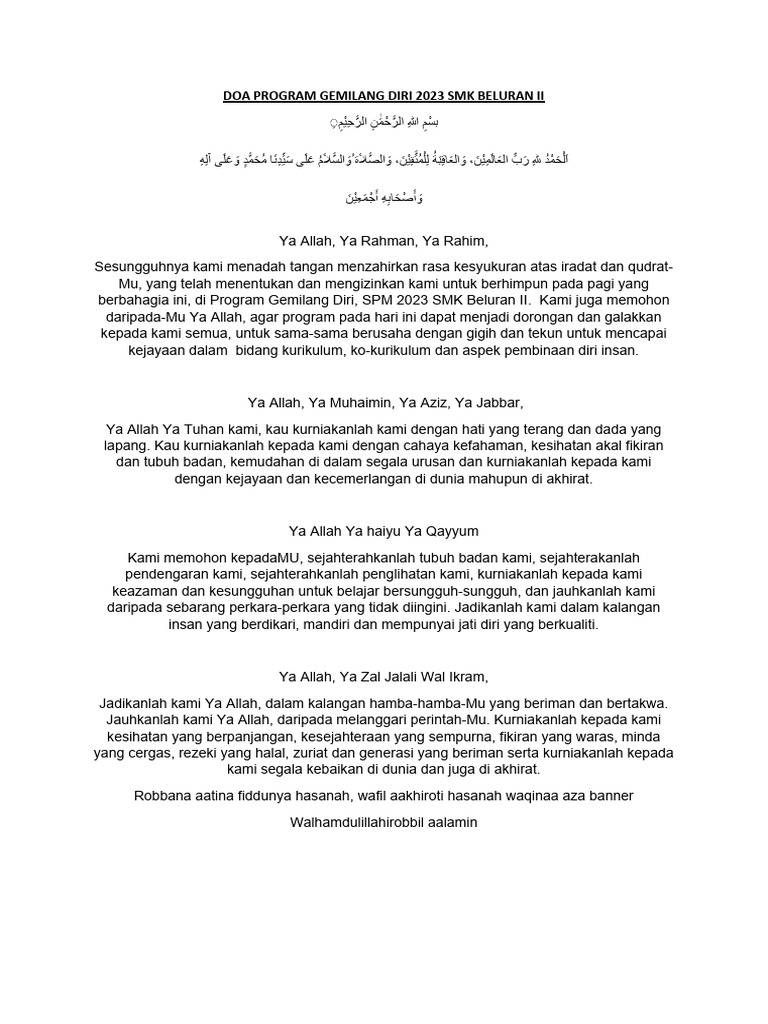 Doa Program Gemilang Diri 2023 SMK Beluran Ii | PDF | Agama & Spiritualitas