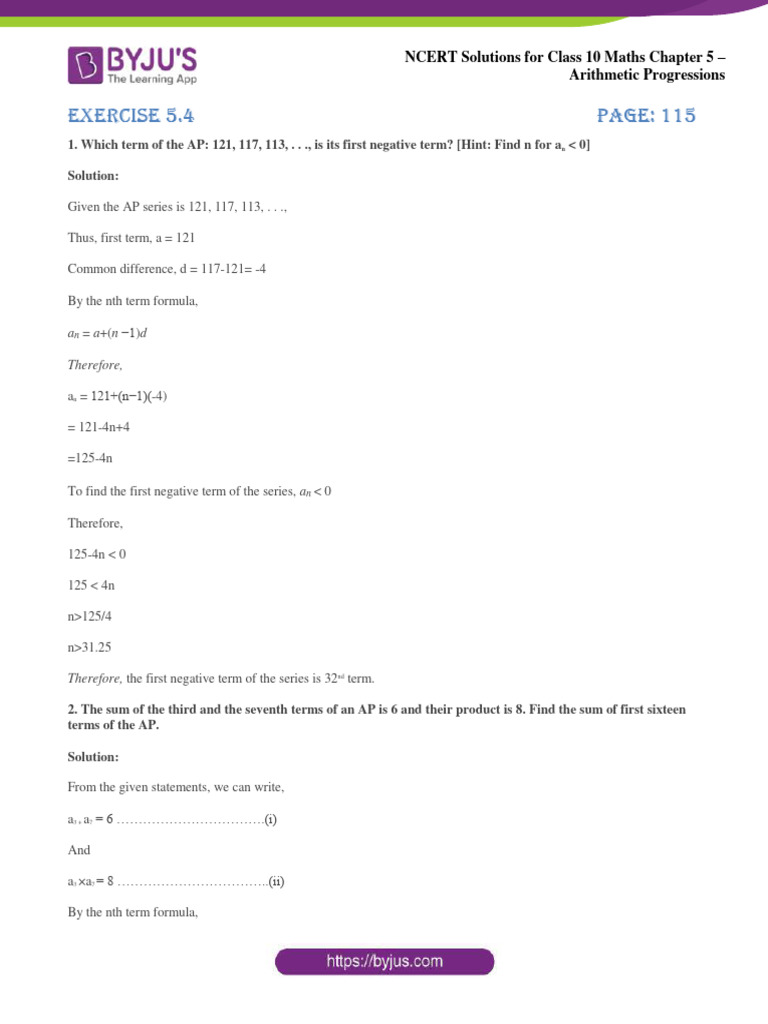 NCERT Solutions For Class 10 Maths Chapter 5 - Arithmetic Progressions Exercise 5.4 | PDF ...
