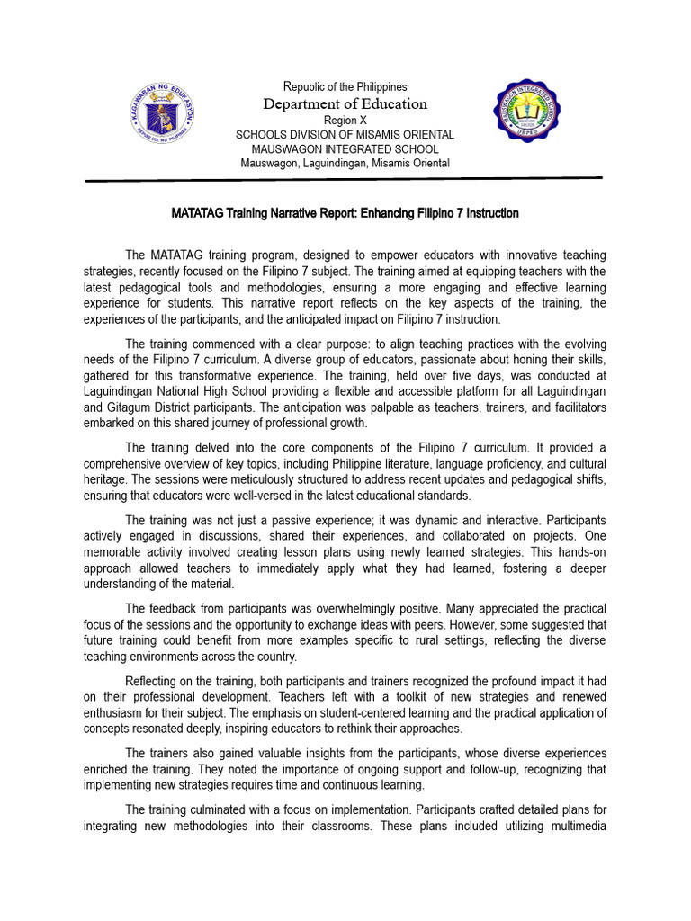 MATATAG Training Report for Filipino 7 | PDF | Teachers | Learning