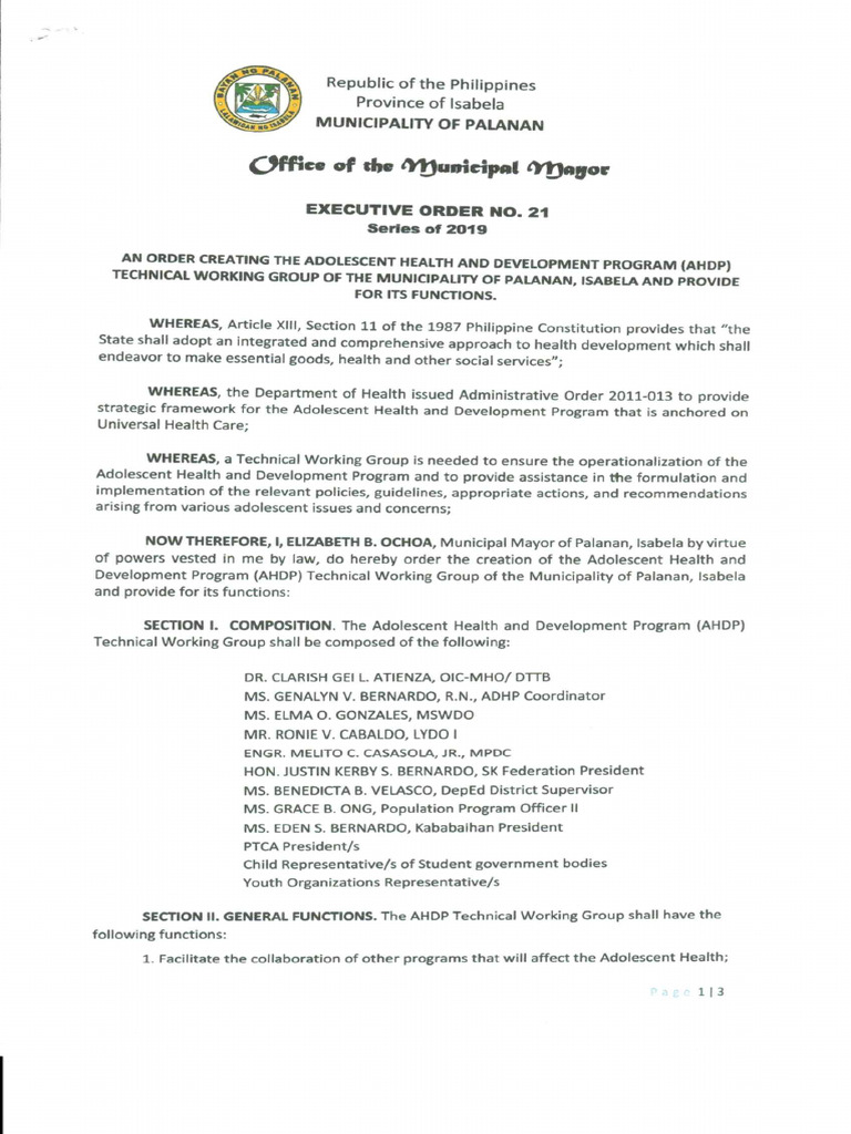 Eo No 21 Series of 2019 An Order Creating The (Ahdp) TWG of The Mun. Palanan, Isabela & Provide ...