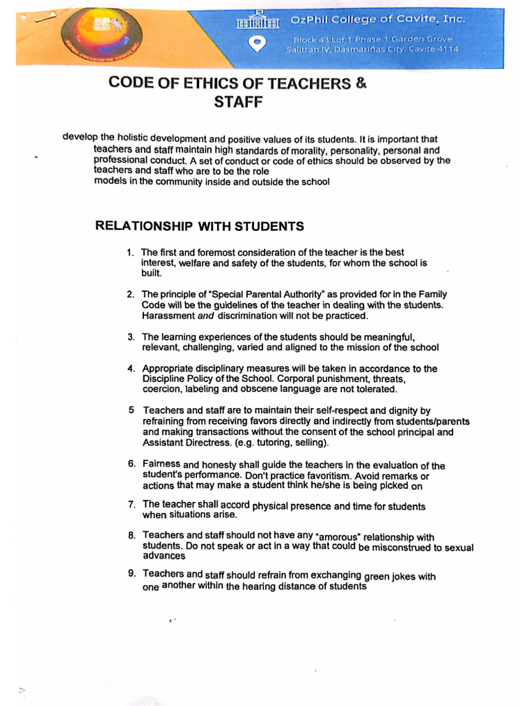 Code of Ethics of Teachers and Staff | PDF