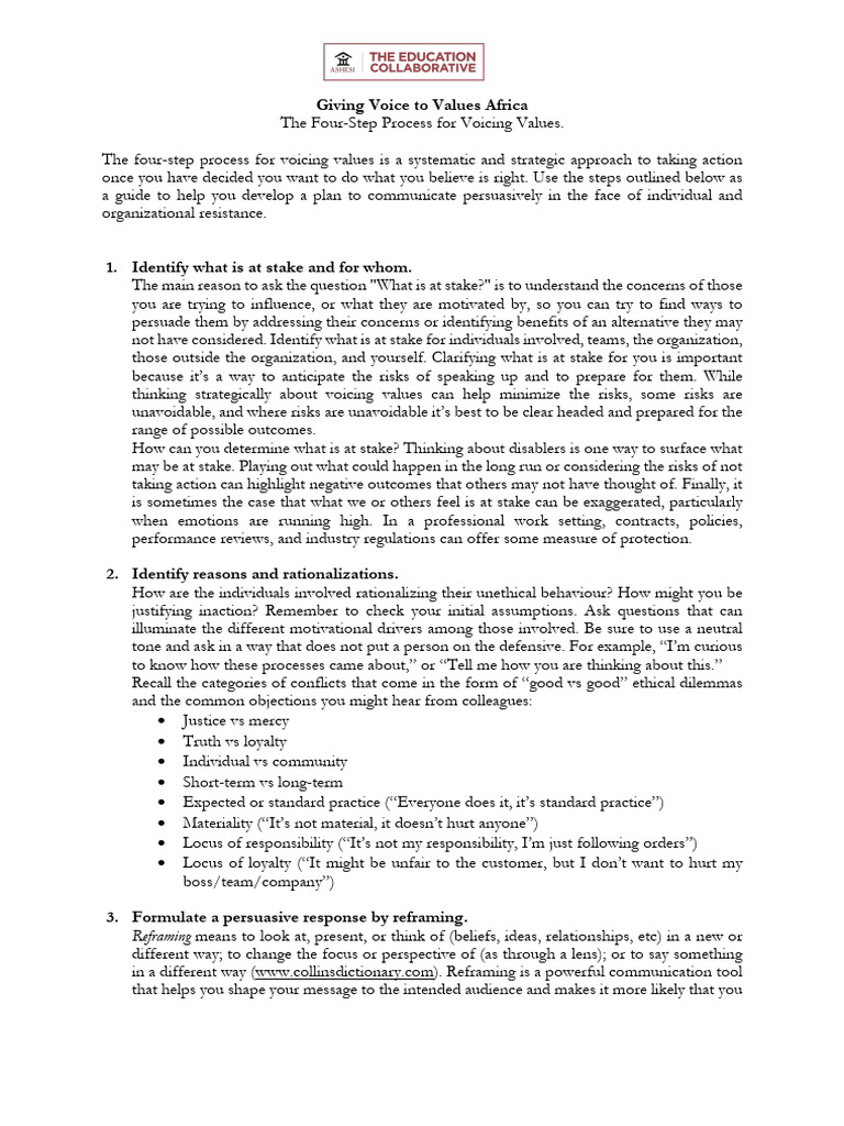 The+Four Step+Process+for+Voicing+Values Handout+ | PDF | Risk | Social ... The+Four Step+Process+for+Voicing+Values Handout+ | PDF | Risk | Social ...