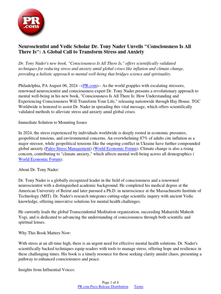 Neuroscientist and Vedic Scholar Dr. Tony Nader Unveils "Consciousness ...