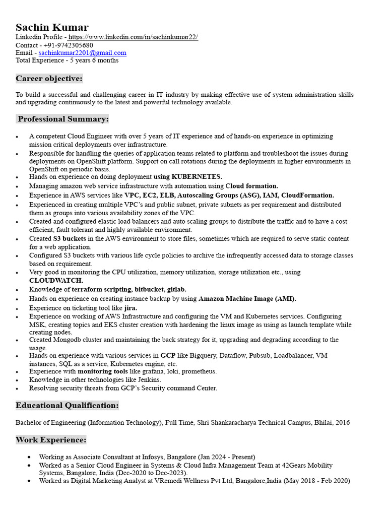 Resume - Sachin Kumar | PDF | Amazon Web Services | Cloud Computing