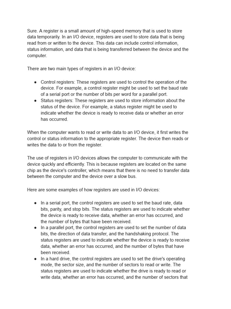 Explain Basic Idea of Use of Registers in An IO Device. | PDF | Input/Output | Data Transmission