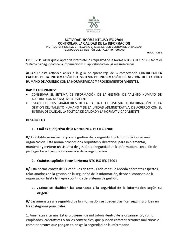 ACTIVIDAD SISTEMA DE SEGURIDAD DE LA INFORMACION ISO 27001 GRUPO 3 | PDF | La seguridad ...