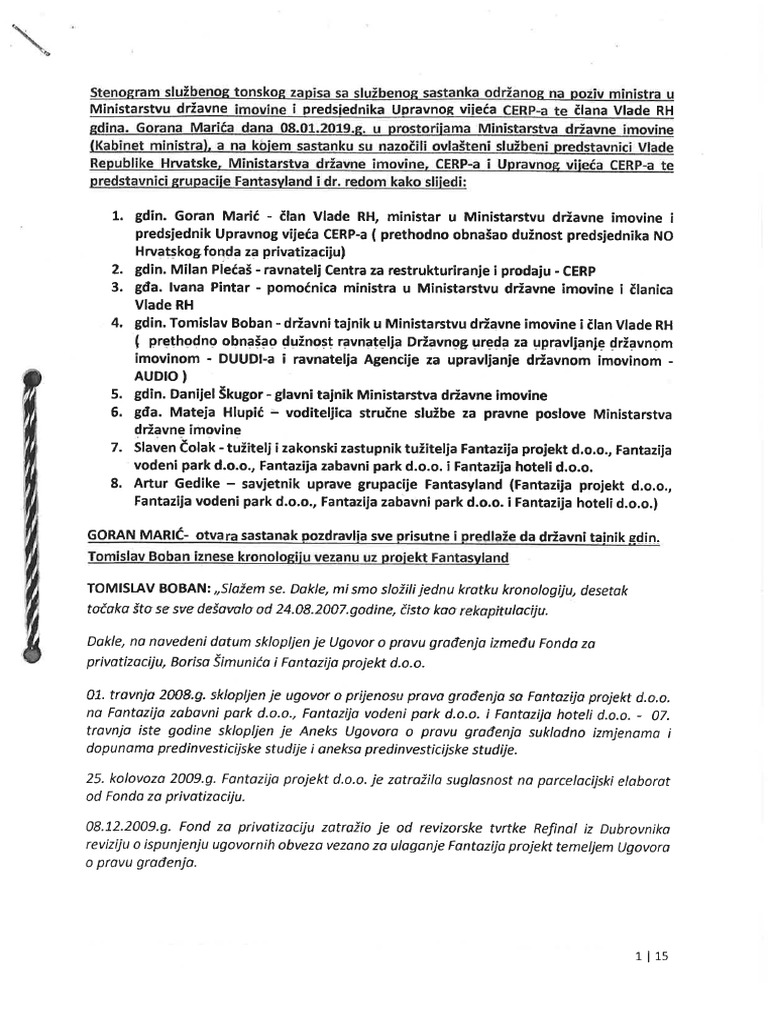 Stenogram Sastanka U Ministarstvu Državne Imovine 08.01.2019. Godine | PDF