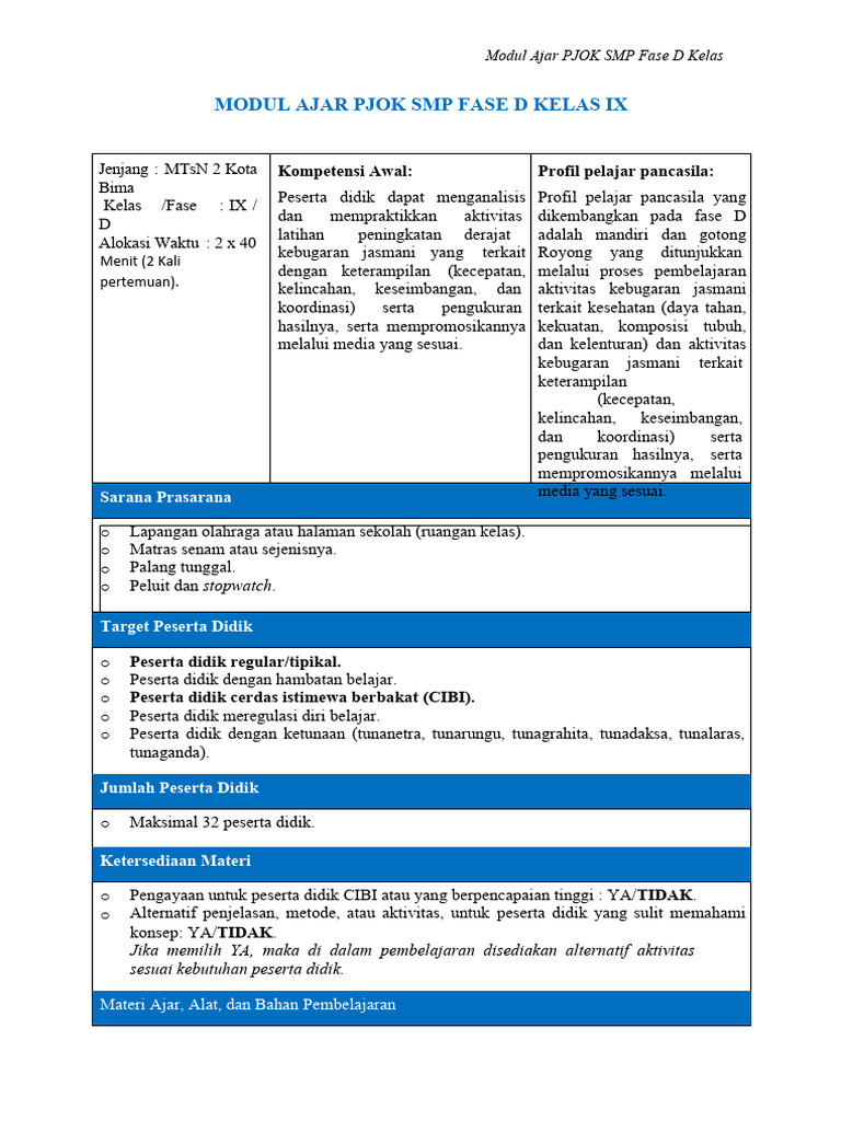 PJOK AKTIVITAS KEBUGARAN JASMANI - SMP - D - 9 - Modul | PDF | Karier & Perkembangan