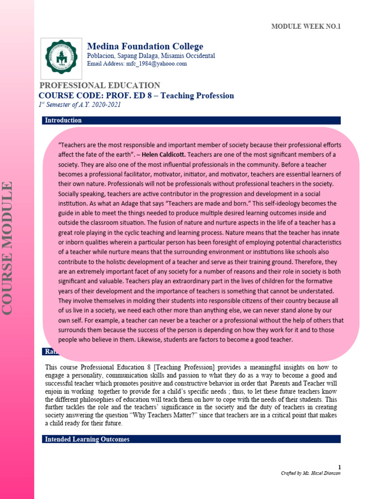 Course Module Week1 Prof Ed Teaching Profession | PDF | Philosophy Of Education | Teachers