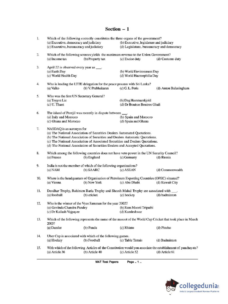 MAT Question Paper | PDF | Nasdaq | Extravehicular Activity