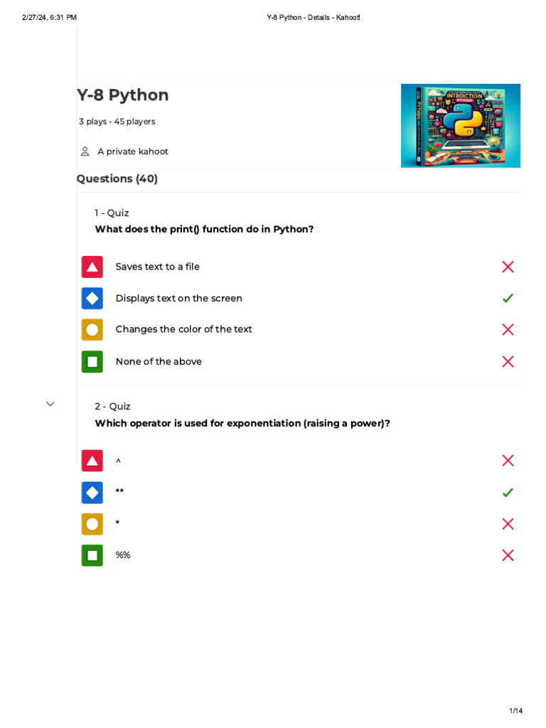 Y-8 Python - Details - Kahoot! | PDF