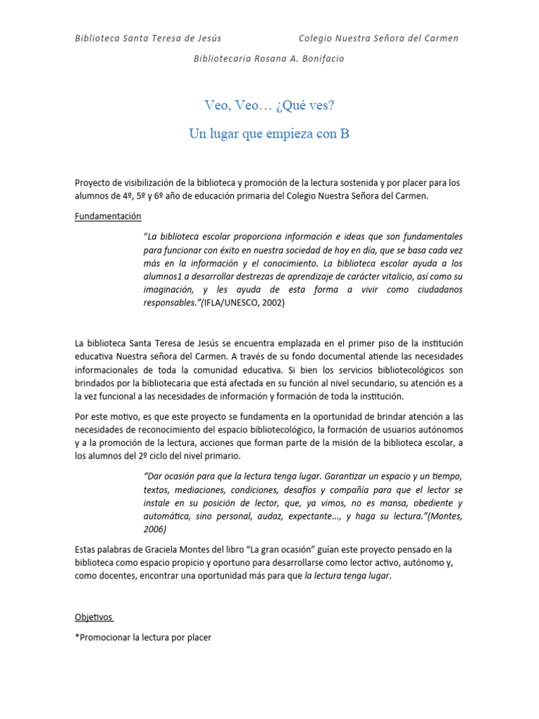 Planificación Proyecto de Visita Continua A La Biblioteca | PDF | Biblioteca escolar | Bibliotecas