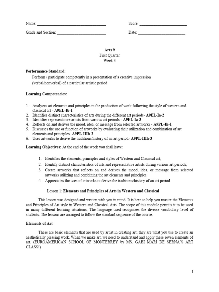 Q1-Mapeh-Arts 9-Week-3-Las | PDF | Paintings | Mosaic