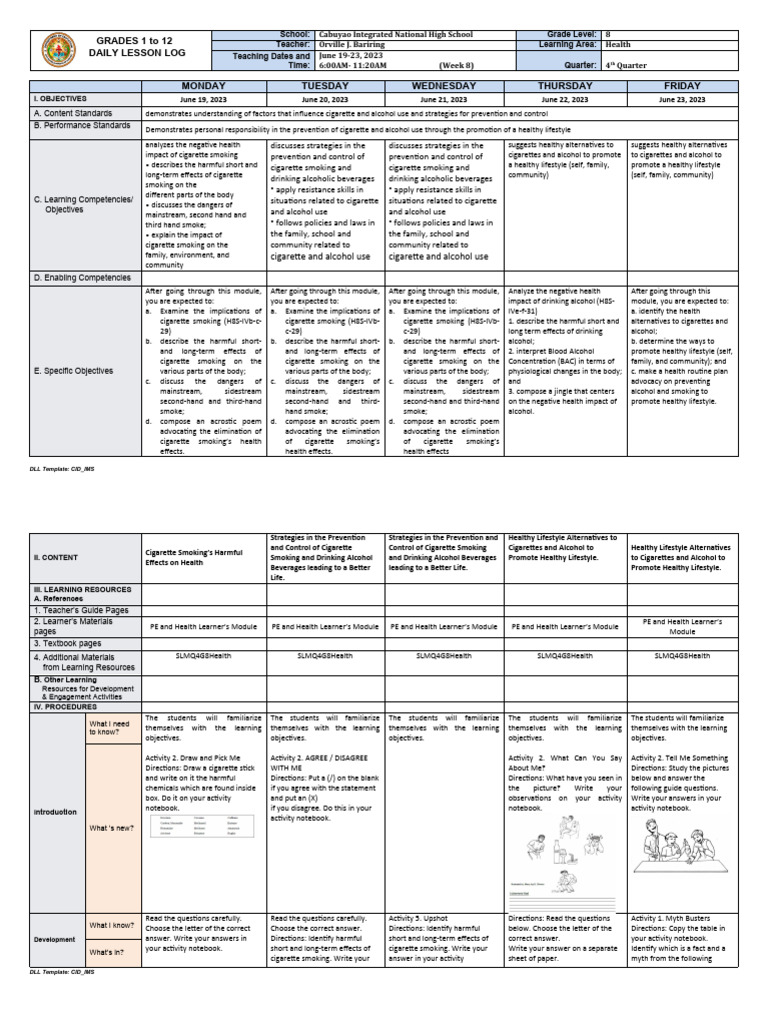 Health Education Lesson Plan: Smoking & Alcohol | PDF | Cigarette ...