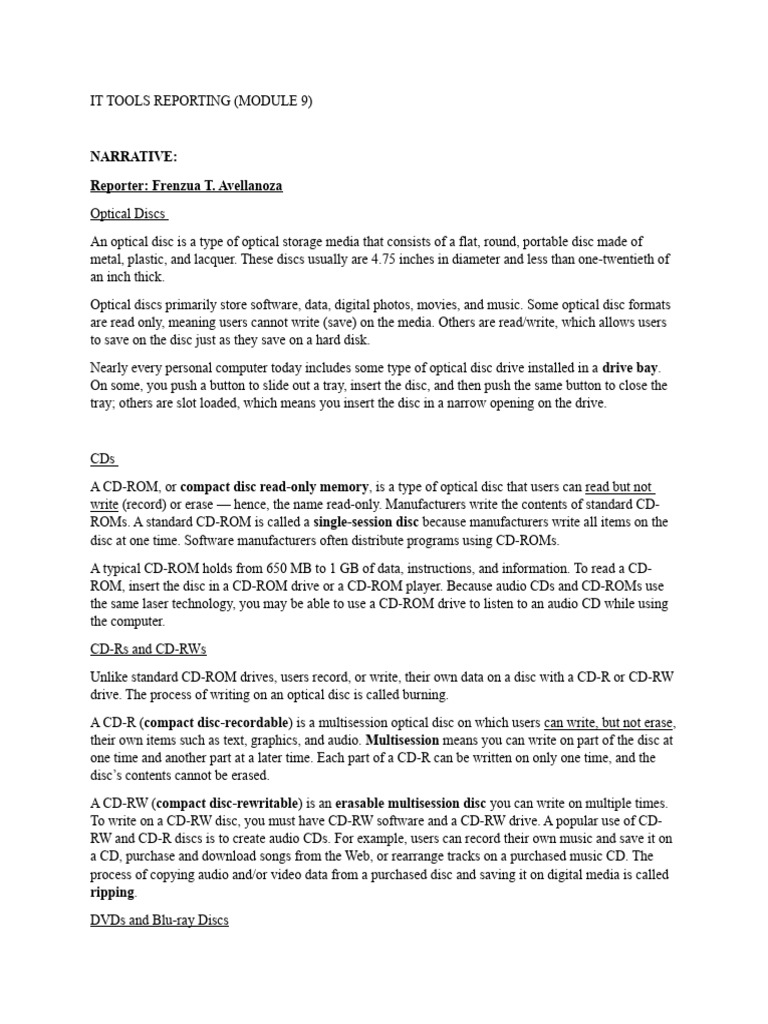 DRAFT NARRATIVE - IT TOOLS REPORTING Module 9 | PDF | Compact Disc | Dvd